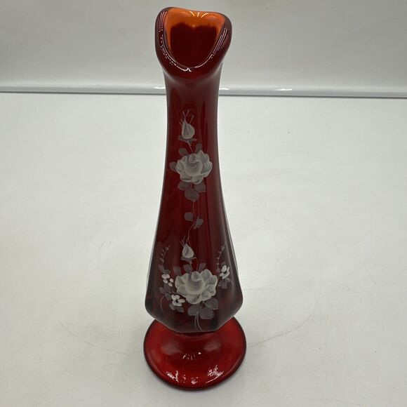Fenton | Art | Vtg Ruby Red Fenton Hand Painted White Floral Swung ...